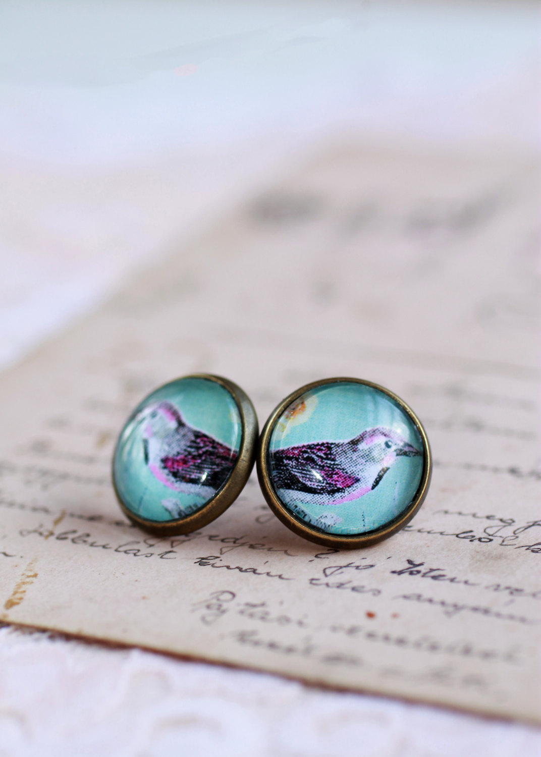 Blue Bird Earrings, Mint Green Earrings, Glass Bird Picture Earrings ...